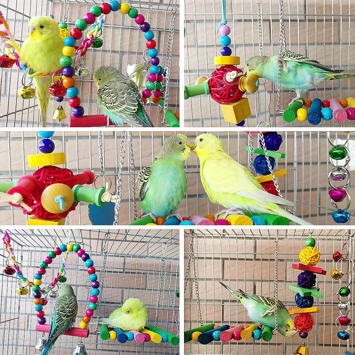 ESRISE 8 Pcs Parakeet Cockatiel Bird Toys, Hanging Bell Pet Bird Cage Hammock Swing Toy Wooden Perch Chewing Toy for Budgerigar, Conures, Love Birds, Finches, Mynah