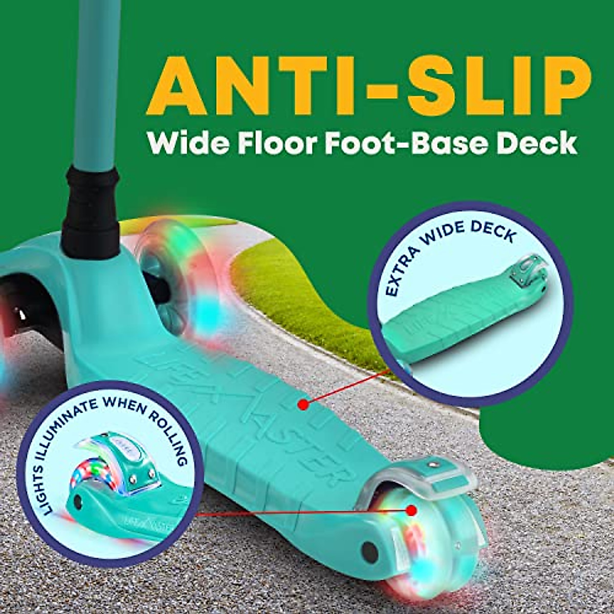 Kids Scooter – Children and Toddler 3 Wheel Kick Scooter – LED Wheel Lights Illuminate When Rolling– Adjustable Handlebar – Indoor and Outdoor Teal - Lifemaster