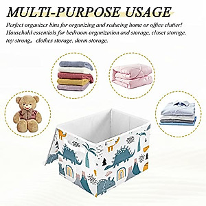 SUABO Dinosaur Cartoon Funny Dinosaur Storage Bin with Lid Large Oxford Cloth Storage Boxes Foldable Home Cube Baskets Closet Organizers for Nursery Bedroom Office