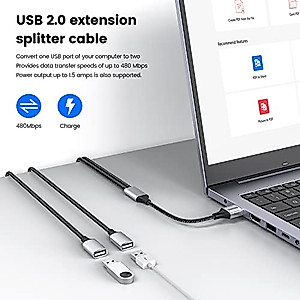 USB Extension Cable,USB Splitter USB A Male to 2 Female Extension Cord Durable USB Splitter Cable Nylon Braided Fast Data Transfer Compatible with Printer, USB Keyboard, Flash Drive,Playstation