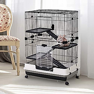 PawHut 43" H Small Animal Cage, 4-Level Bunny Cage with Rolling Stand, Chinchilla Cage with Doors, Slide-Out Tray, Black