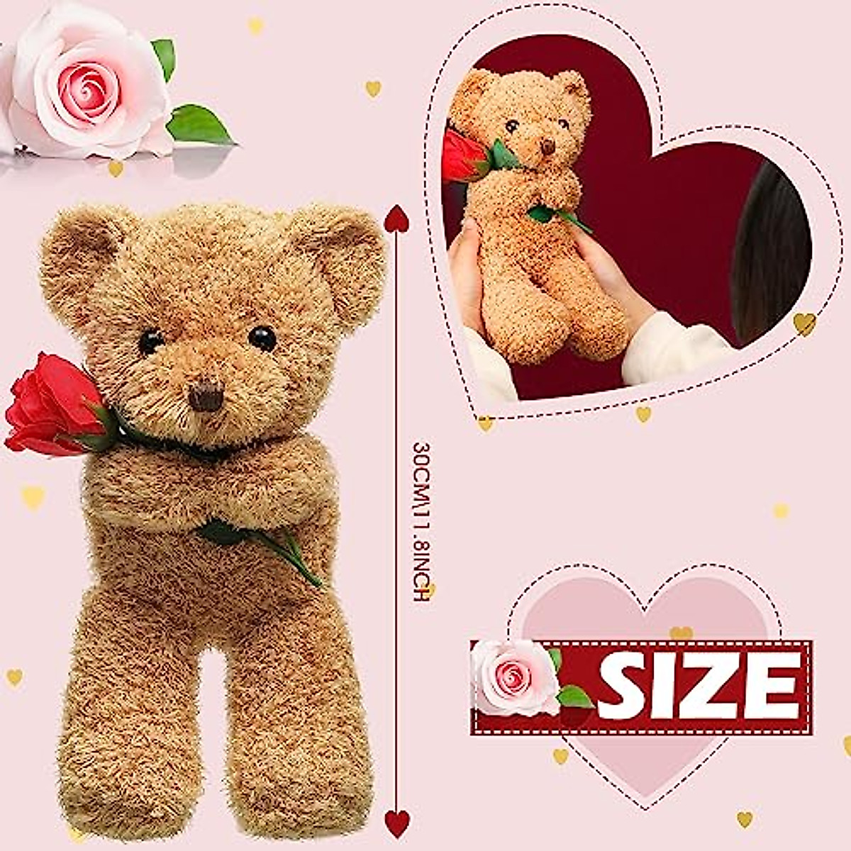 Civaner Valentine Plush Stuffed Animal Bear Gift with Rose Valentine Funny Cute Stuffed Animal Plush Gift for Girlfriend Valentine's Day, 11.8 Inches(Beige)