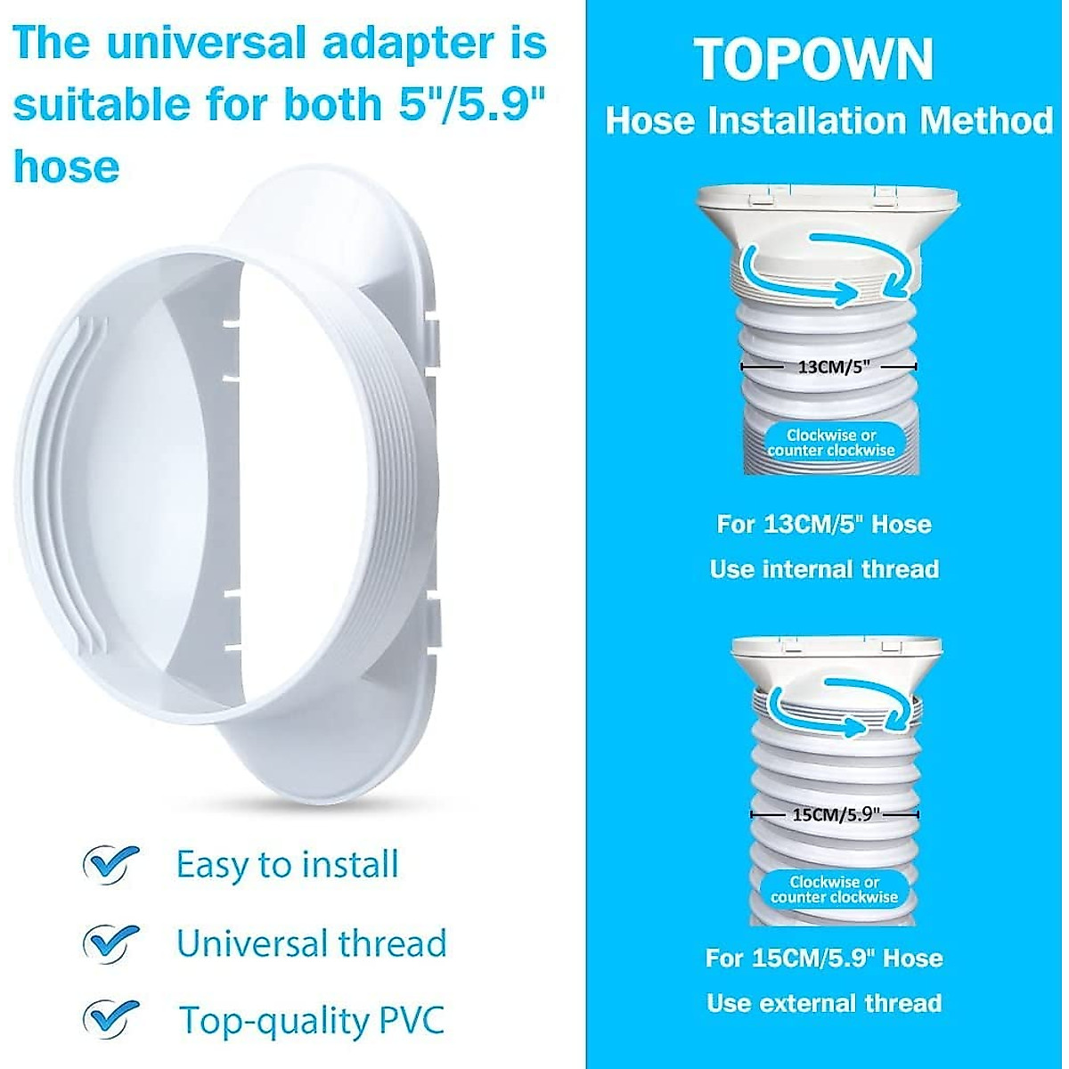 TOPOWN Portable Ac Window Kit, 5"/5.9" Hose Universal Window Slide Kit Plate for Ac Window Vent Kit Vertical/Horizontal -Max Adjustable Length 122cm/48- with 5.9"/15cm and 5"/13cm Adaptor