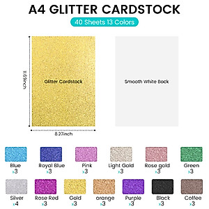 HTVRONT Glitter Cardstock Paper - 40 Sheets 13 Colors Glitter Card Stock, 110lb Cover A4 Thick Cardstock Glitter Paper for Craft, Birthday, Scrapbook, Wedding, Sparkly Paper, Card Making