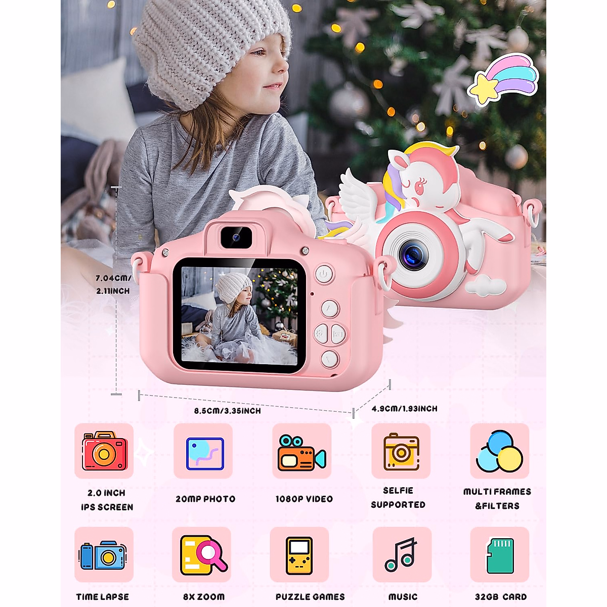 Kids Camera -Kids Camera for Girls,Christmas Birthday Gifts for Girls Portable Toy for 3 4 5 6 7 8 9 Year Old Girl Selfie 1080P HD Video Camera with 32GB Card -Pink