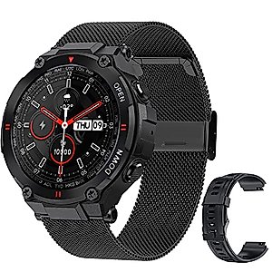 Military Smart Watch for Men Outdoor Tactical Smartwatch, ip67 Waterproof, Bluetooth Dail Calls Speaker 1.3" HD Touch Screen Tracker Heart Rate Monitor Sleep (Black + Band)