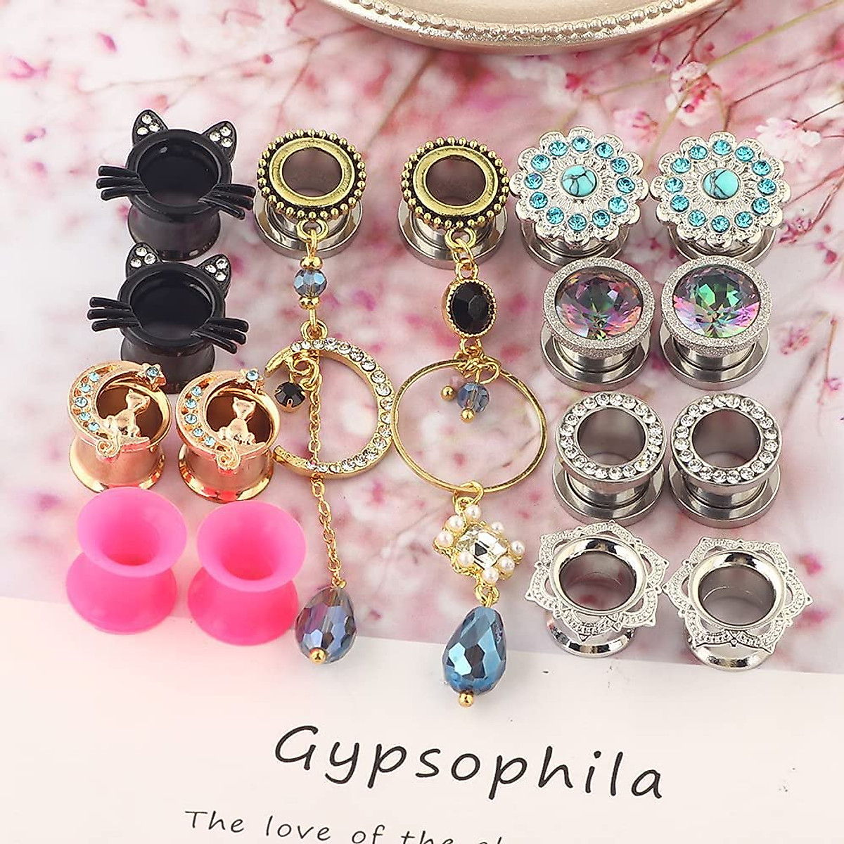 16pcs Crystal Dangle Plugs Ear Tunnels Gauges Pendant Moon Star Stainless Steel Screw Silicone Rhinestone Body Piercings Stretcher Set