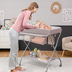 Costzon Portable Changing Table, Mobile Baby Changing Table with Wheels, Safety Belt, Large Storage Basket, Rack & Shelf, Folding Diaper Changing Station Nursery Organizer for Infant Newborn (Gray)