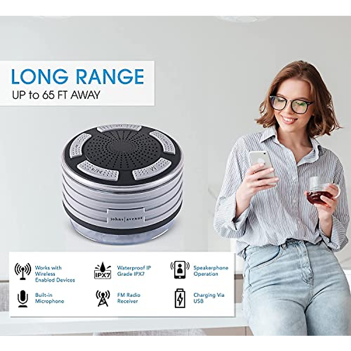 Johns Avenue Bluetooth Shower Speaker Newest Version 5.0 - Certified Waterproof - Wirelessly Pairs Easily to All Your Bluetooth Devices - with White Gift Box