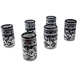 MAREY Mexican Pottery Shot Glasses | Talavera Poblana | Talavera Pottery | Set of 6 Pieces | 100% Handmade | Tequila Cups (Black & White, 2 Oz.)