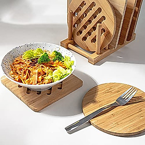 Lawei 8 Pack Bamboo Trivets with Dish Rack - Bamboo Trivet Mat Bamboo Hot Pads Trivet for Hot Dishes, Pot, Bowl, Teapot