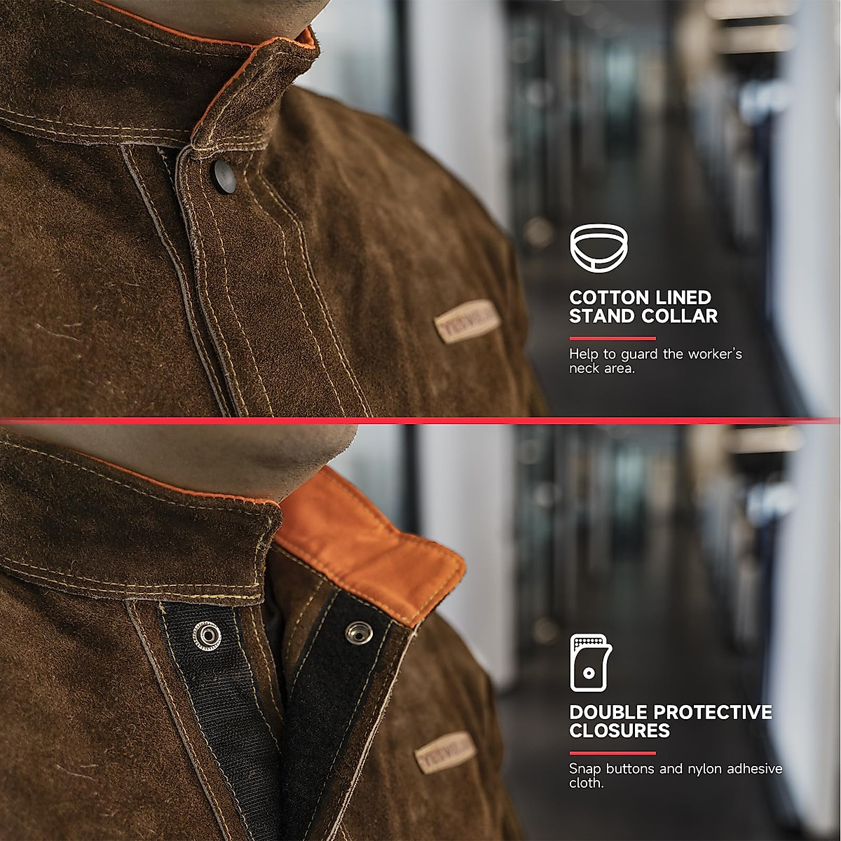 YESWELDER Leather Welding Jacket，Heavy Duty Welding Coat，Heat Flame Resistant Welding Apron with Sleeves，Weld Clothes for Men Women,large