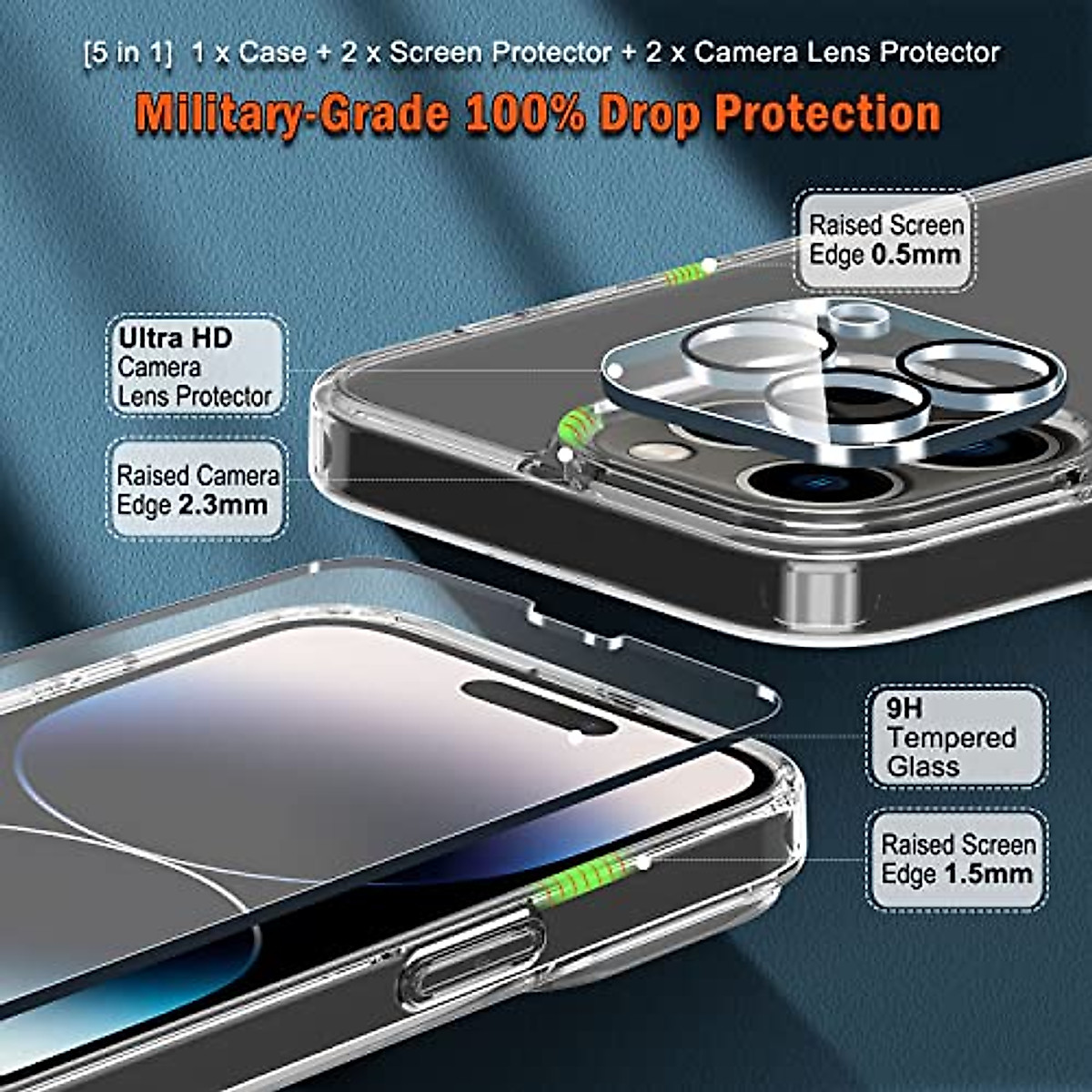 Jeywiry [7 in 1 for iPhone 14 Pro Max Case, with 2 Pcs Screen Protector ＆ 2 Pcs Camera Lens Protector, Slim Thin Shockproof Case 6.7" [Military Grade Drop Protection] [Not Yellowing] - Crystal Clear