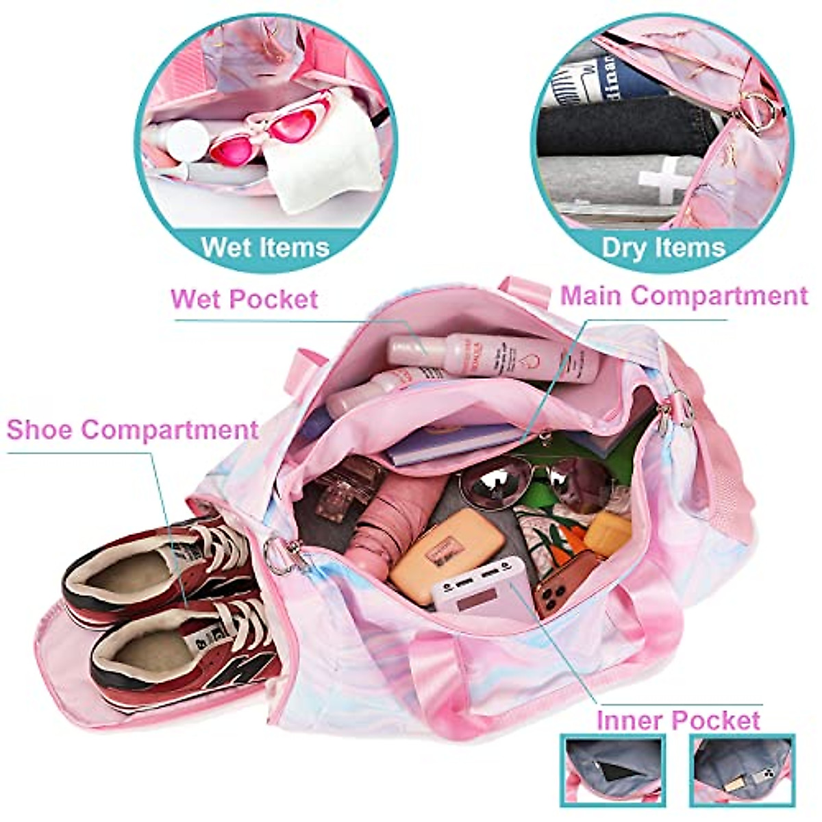Dance Bag Girls Duffle Bag Teen Sports Gym Bag Travel Bag for Weekender Sleepover Overnight Bag with Shoe Compartment and Wet Pocket