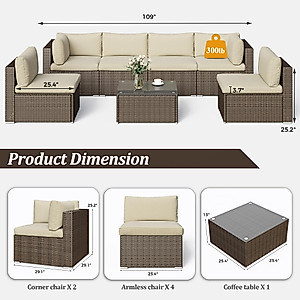 SUNVIVI OUTDOOR 7 Piece Patio Sectional Sofa Outdoor All Weather Brown PE Wicker Furniture Set, Paito Conversation Sofa Set with Glass Table, Removable Beige Cushions
