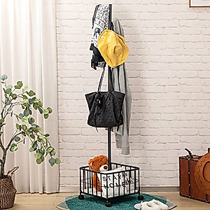 DOEWORKS Metal Laundry Rolling Sorter Cart with Garment Rack, Freestanding Laundry Basket Hamper Hanging Bar with Wheels for Clothes, Black