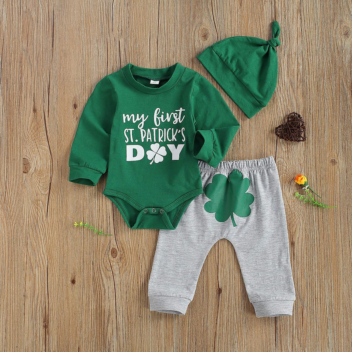 Newborn Baby Boys My First St. Patrick's Day Outfits Green Long Sleeve Romper Clover Print Trousers Hat 3Pcs Set (1#Green, 6-12 Months)