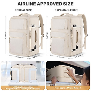 Travel Backpack, Large Backpack for Women, Carry On Backpack Flight Approved, 40-50L Expandable Lightweight Waterproof College Bag Business Casual Daypack Fits 17 Inch Laptop, Gifts for Women, Beige
