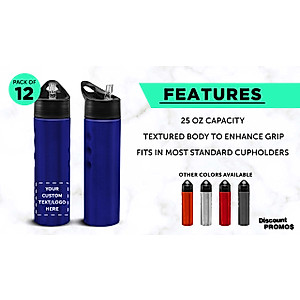 DISCOUNT PROMOS Custom Slim Stainless Steel Water Bottles 25 oz, 12 pack, Personalized Text, Logo, Reusable Gym Sports Bulk Pack, Blue