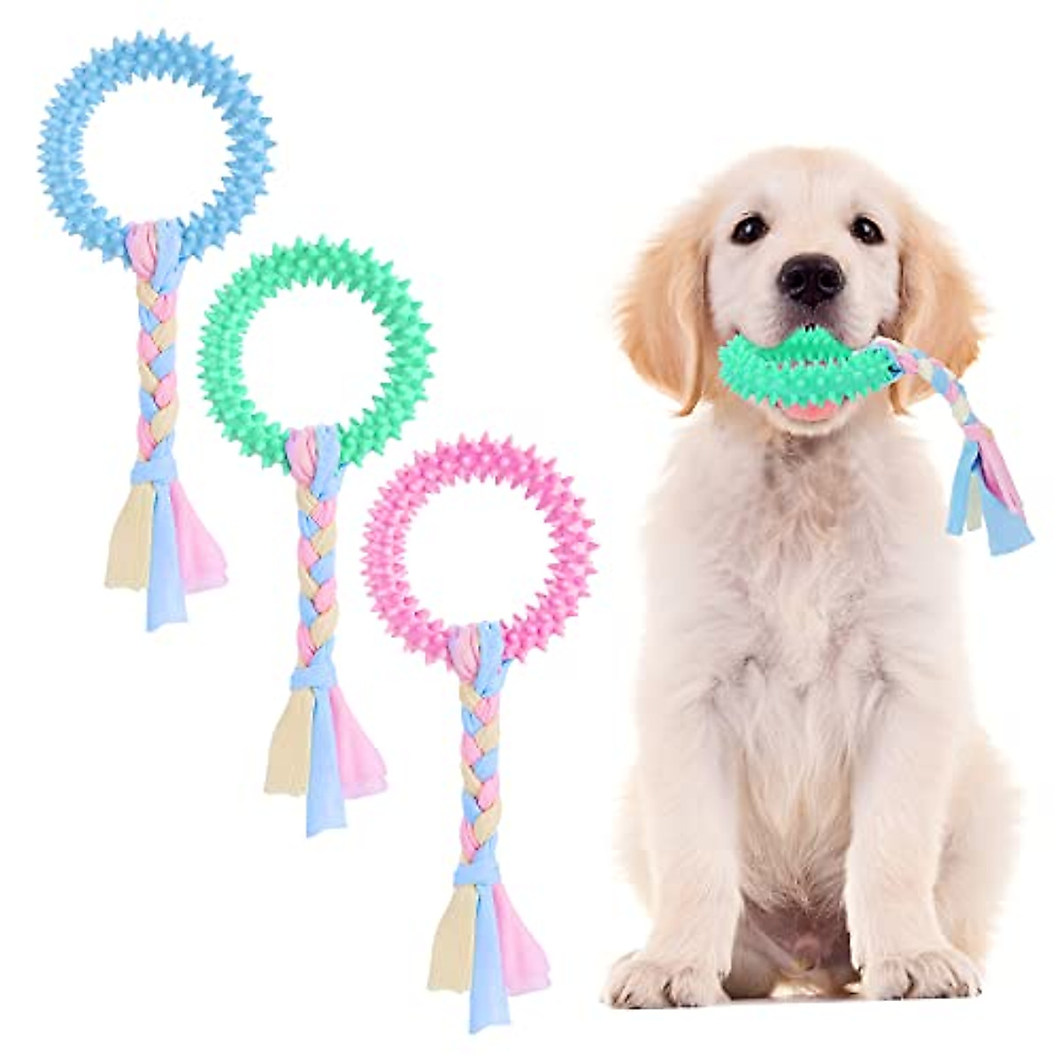 cobee Puppy Teething Chew Toys with Cotton Ropes, 3 Packs 360° Deep Clean Small Dog Chew Toy Rings Interactive Dog Toys for Small Medium Dogs, Oral Teeth Soothe Itching for Dog Teeth Health