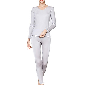 METWAY Women's Silk Long Johns V-neck Pure Silk Silk Long Underwear Thermal Underwear Sets for Winter Base Layer (X-Large SilverGrey)