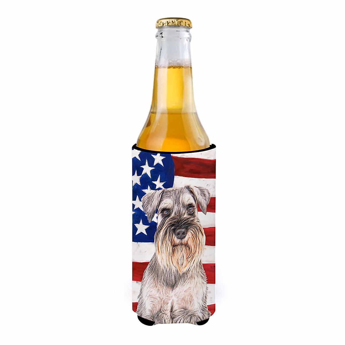 Caroline's Treasures KJ1158MUK USA American Flag with Schnauzer Ultra Hugger for slim cans Can Cooler Sleeve Hugger Machine Washable Drink Sleeve Hugger Collapsible Insulator Beverage Insulated Holder