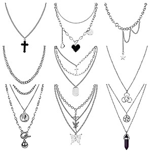 JOERICA 9 Pcs Chain Necklace Egirl Cool Goth Punk Layered Necklaces for Women Men Butterfly Heart Black Crystal Cross Pendant Choker Necklace Set Y2K Emo Jewelry