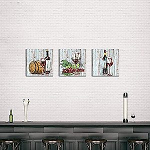 LoveHouse 3 Panel Kitchen Room Picture Wall Decor Red Wine Grape Barrel Canvas Prints Artwork for Dining Room Bar Decoration Still Life Modern Home Decoration Stretched Framed Ready to Hang 12x12inchx3pcs
