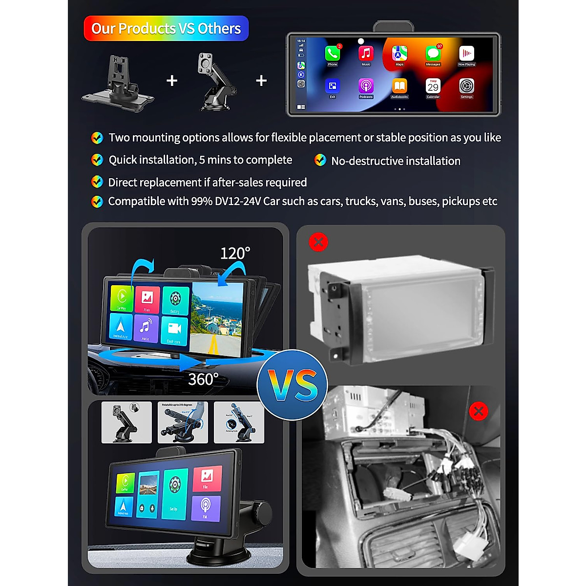 9.3" Portable Apple Carplay Screen for Car with 4K ADAS Dash Cam, Wireless Apple Carplay & Android Auto, 1080P Backup Camera, Phone Mirroring, AUX/FM/Speaker