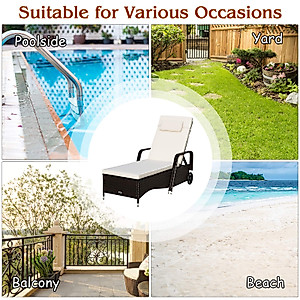 Tangkula Patio Chaise with Wheels, 6 Positions Adjustable Outdoor Lounger Chair with Steel Frame, Mix Brown Weaving Rattan, Cushion and Head Pillow, Suitable for Poolside, Balcony and Garden