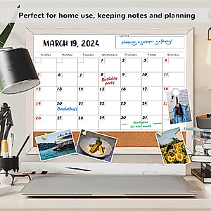Monthly Whiteboard Calendar & Corkboard for Wall, Magnetic 17"x13" Dry Erase Board with White Wood Framed, 2in1 White Board Cork Board Combo, Calendar Bulletin Board for Kitchen Planner Memo Office