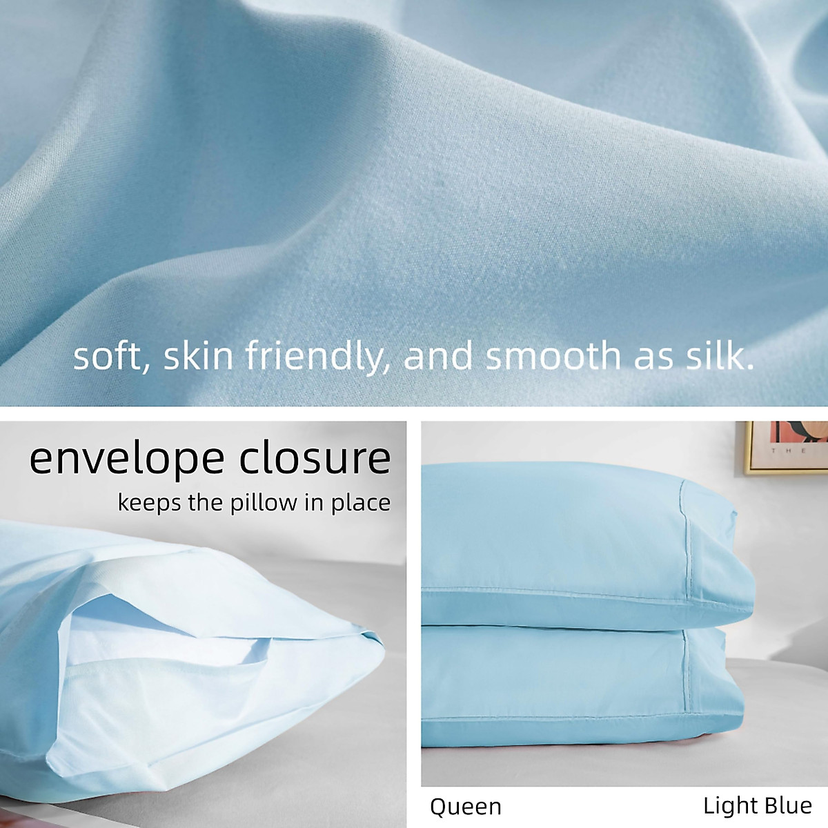 Pillowcases Queen Light Blue Set of 2 Envelope Closure End Easy Fit All Season Warm Soft and Breathable Material Machine Washable
