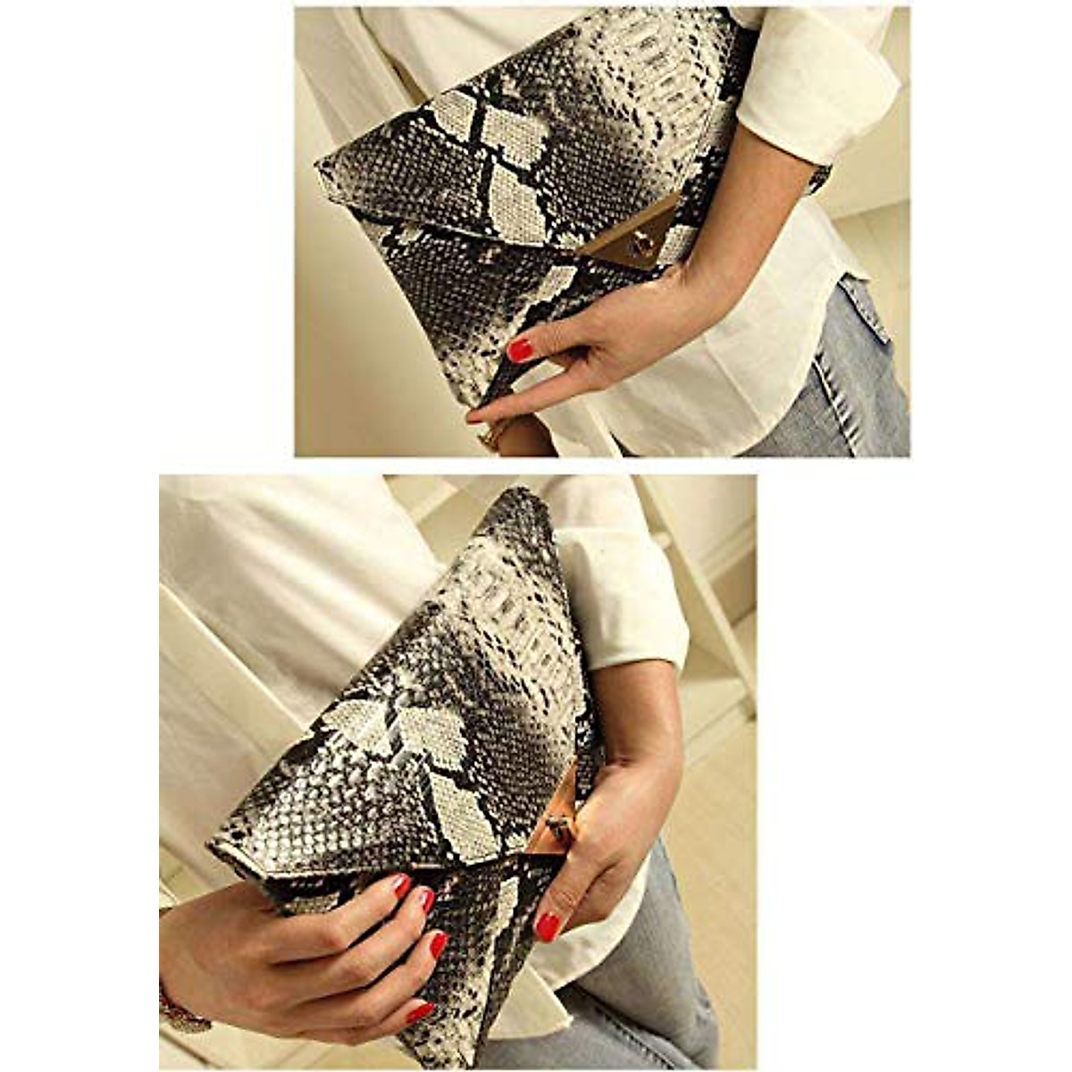 Women Snakeskin Envelope Clutch Bag Crossbody Purses With Chains Evening Party Prom Shoulder Messenger Handbags