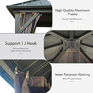 Domi 12’ X 12’ Hardtop Gazebo Canopy with Netting & Curtains, Outdoor Aluminum Gazebo with Galvanized Steel Double Roof for Patio Lawn and Garden, Gray