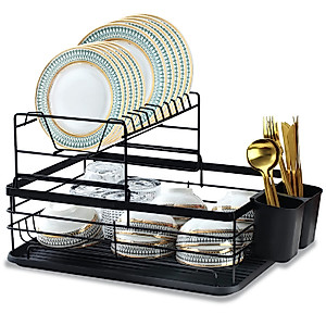 HOMQUEN 2 Layer Dish Drying Rack, Over The Sink Dish Drying Rack, Stainless Steel Dish Racks for Kitchen Counter, Kitchen Dish Drainer with Drainboard and Cup Holder (Black, 16.7''x12.4''x10.5'')