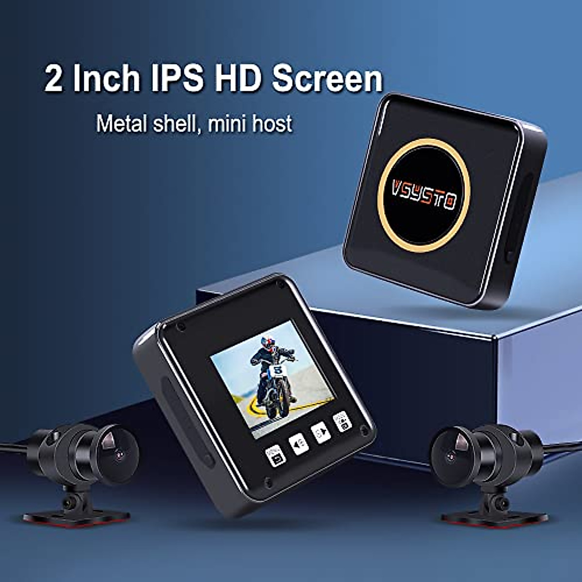 VSYSTO WiFi Motorcycle Dash Cam, 2 Inch Screen All Waterproof HD 1080P WDR SONY307 150° Wide Angle Fisheye Lens Front and Rear Camera, Night Vision, G-Sensor Loop Recording (Black-2Inch)