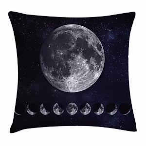 Lunarable Moon Phases Throw Pillow Cushion Cover, Giant Moon on The Starry Night Sky Eclipse Movement Celestial Science, Decorative Square Accent Pillow Case, 20" X 20", Indigo Black