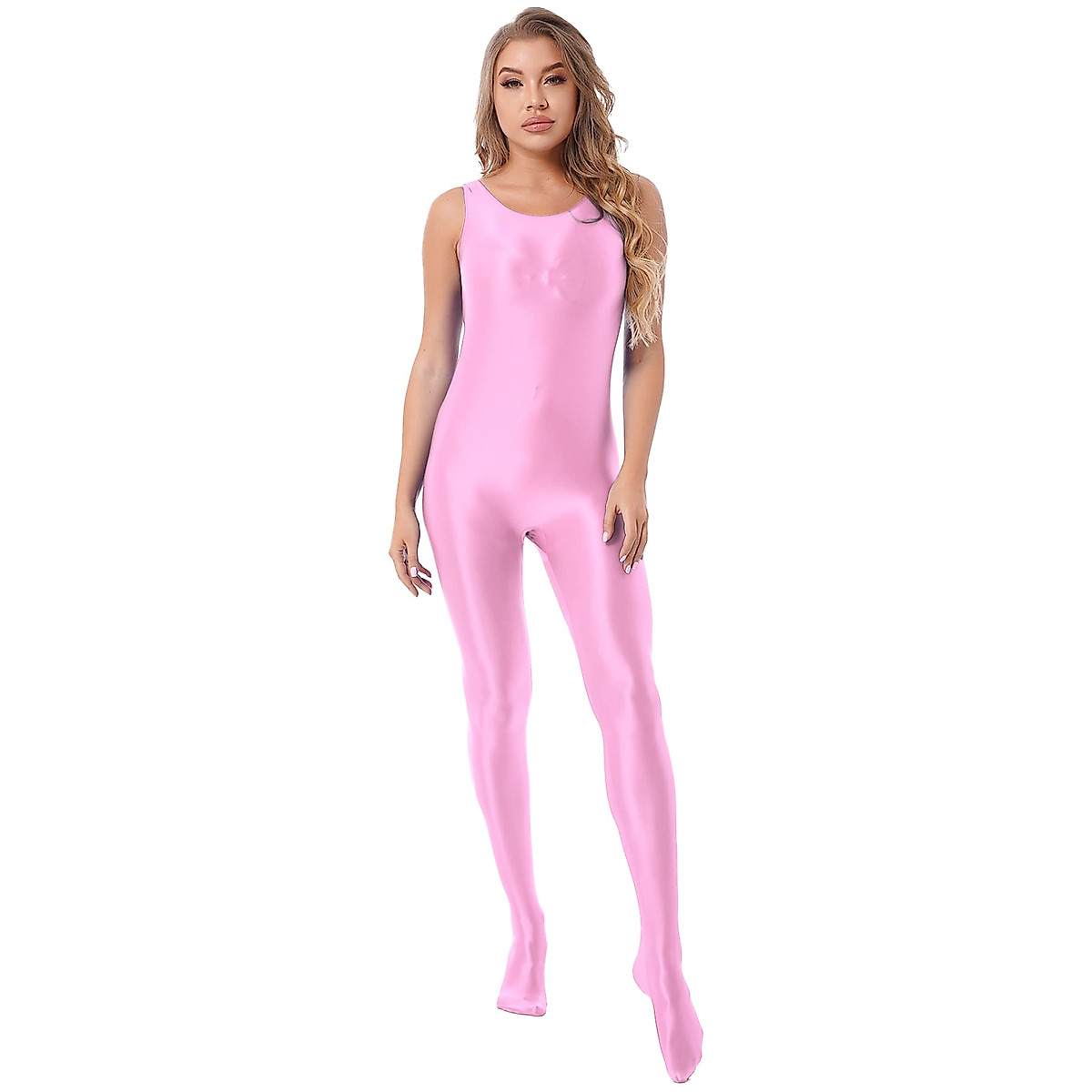 Manyakai Women Glossy Athletic Sleeveless Tank Full Body Leotard Gymnastics Bodysuit Workout Yoga Costume Pink Medium