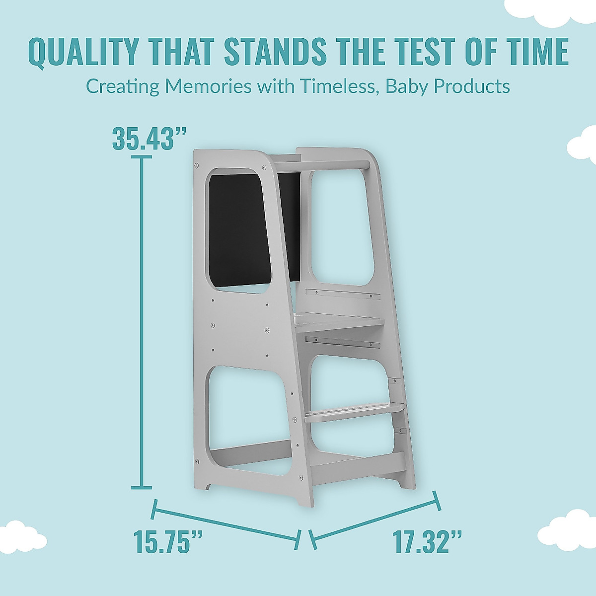 Dream On Me Explora Tower & Step Stool in Pebble Grey, Anti-Slip Base, Multipurpose Kids Step Stool, 3 Platform Heights, Chalkable Black Board