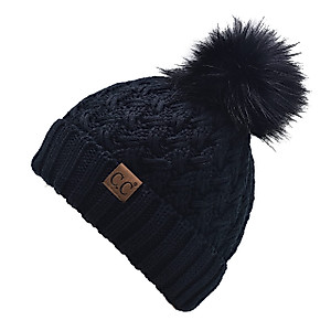 C.C Women’s Winter Cable Sherpa Fleece Lined Ribbed Beanie Lattice Braided Knit Crossover Stitch Faux Fur Pom Soft Warm Hat
