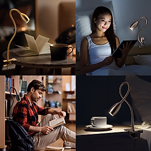 O'Bright Lumos - Versatile Clip-on Lamp: Zoomable Spotlight, Dimmable LED, Flexible Gooseneck, 4000K Light, 100% Metal Clamp - Ideal for Reading, Crafting, Work, and Headboards, Antique Brass