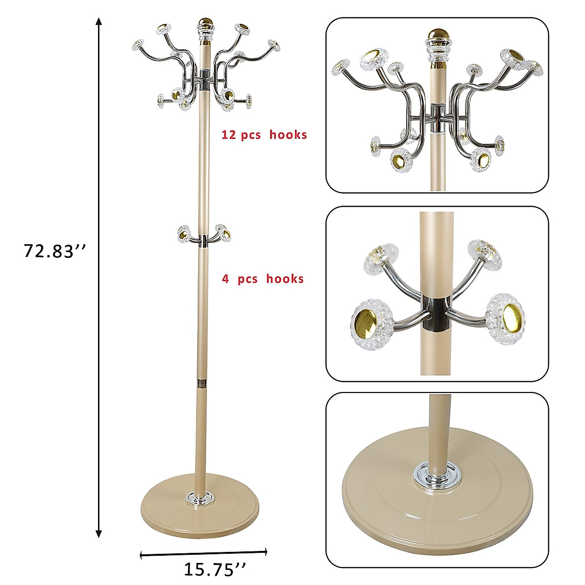 Julenshion Metal Coat Rack Stand,Coat Rack Freestanding Tree with 360° Rotary Hanger 16 pcs Hooks for Jackets Hats Bags Purses Entryway Hall Bedroom(Champagne)