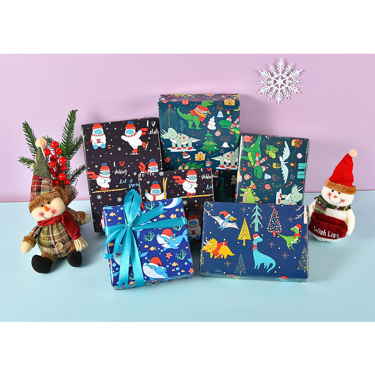 Titiweet Dinosaur Shark Animal Christmas Wrapping Paper for Kids - 12 Sheets, 20 x 28 Inches Per Sheet