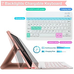 BLUTLOTUS Keyboard case for iPad 9.7 Inch Air 2, iPad 5th/ 6th Generation (2017/2018) with Keyboard Detachable, 7 Color Wireless Backlit Keyboard, Smart Folio Cover with Pencil Holder(Pink)