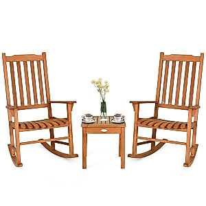 Tangkula 3 Piece Patio Rocking Bistro Set, Patiojoy Eucalyptus Wood Conversation Set with 2 Rockers and 1 Coffee Table, Outdoor Rocking Chair Set with Coffee Table for Porch, Patio and Backyard