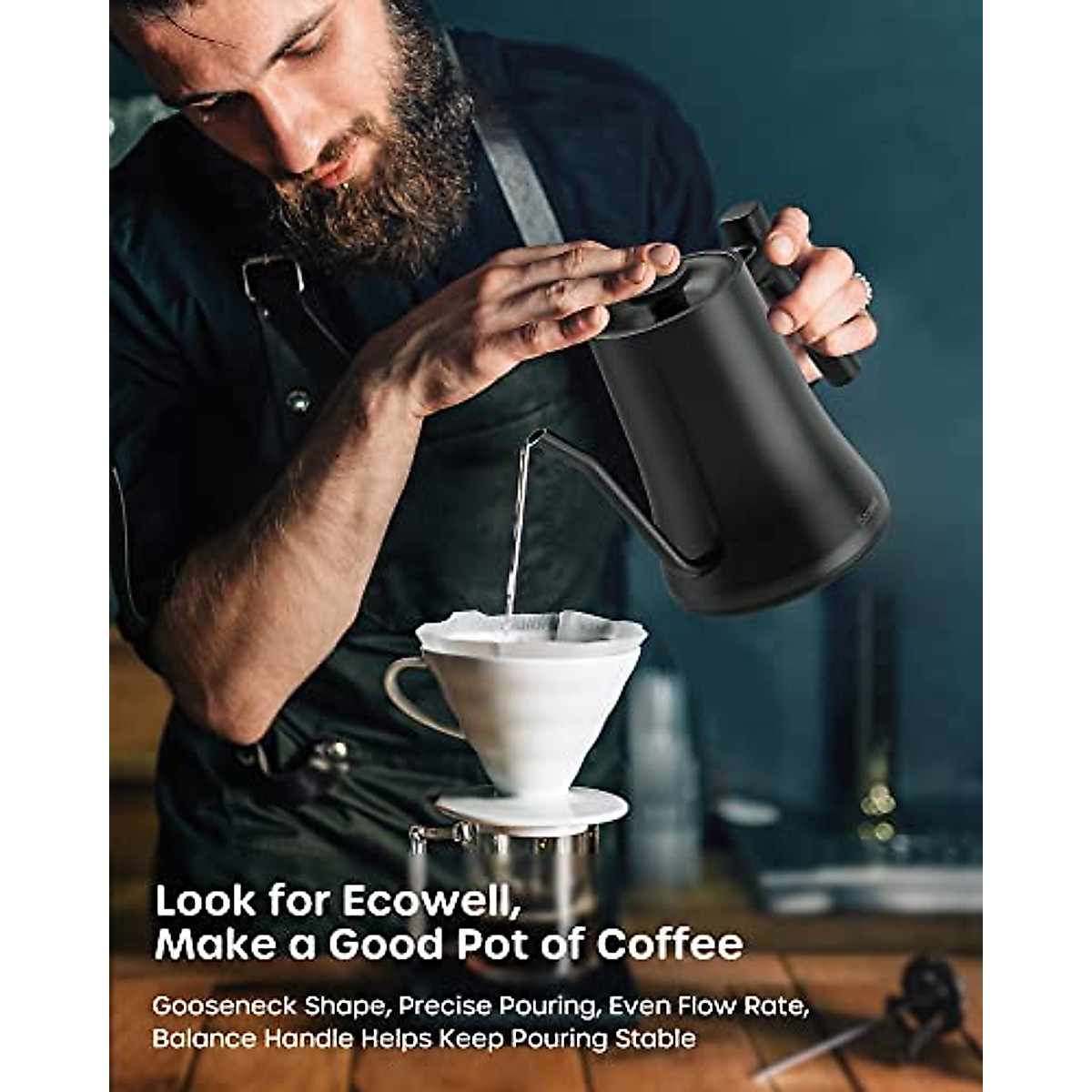 ECOWELL Electric Gooseneck Kettle, Ultra Fast Boiling Kettle 100% Stainless Steel for Pour-over Coffee & Tea, Leak-Proof Design, Auto Shutoff Anti-dry Protection, 1200W-0.8L, Matte Black, WMTS01