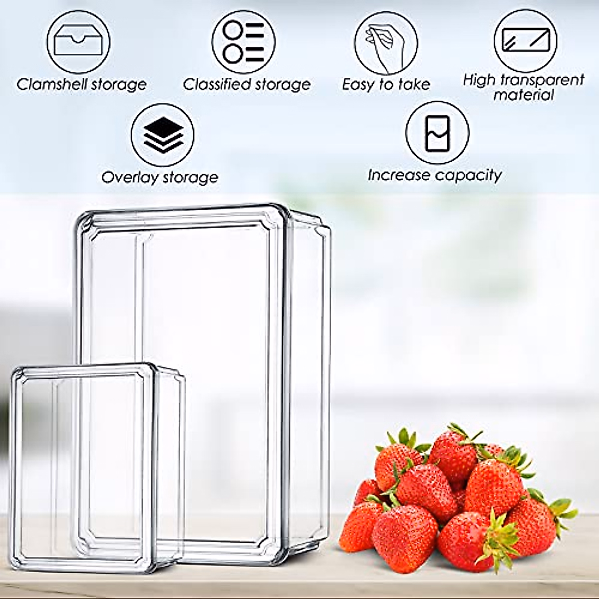 Set of 4 Fridge Food Storage Bins, Stackable Clear Kitchen Fruit Storage Containers, Freezer Organizer Fresh Keeper Box with Lid for Kitchen Countertops, Refrigerator, Pantry and Cabinets