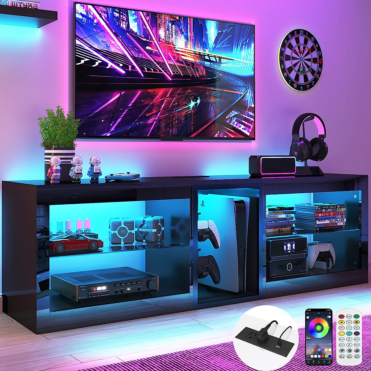 Vinctik 6&Fox High Gloss LED TV Stands w/Power Outlet,60,000-Colors Lighting for 55 60 65inch TV,Modern Black LED Entertainment Center w/Adjustable Glass Shelves for Living Room Gameroom Bedroom