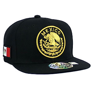 Mexican Hat Mexico Eagle Federal Logo Embroidery Snapback Flat Bill Baseball Cap (Black- Gold)