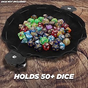 CASEMATIX Leather Dice Bag and Dice Rolling Tray for 50+ RPG Dice - Black DND Dice Bag Leather Drawstring Pouch with Non-Scratch Fabrics, Metal Hardware and Debossed Serpent Design